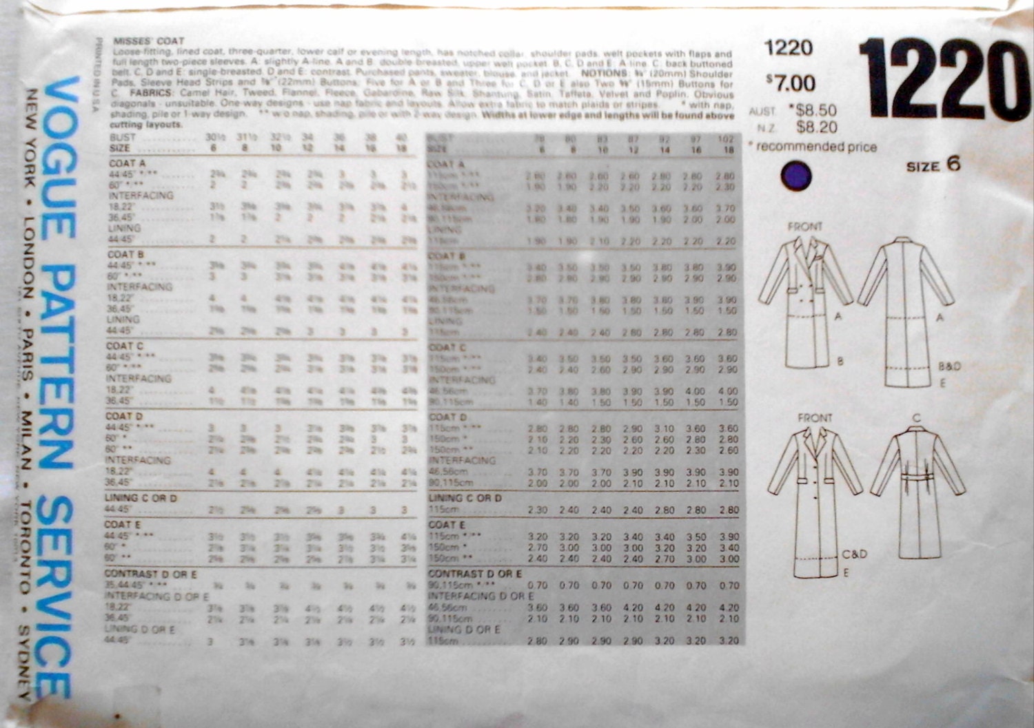 Vintage Vogue Basic Design #1220 Womens Coat Pattern - Etsy