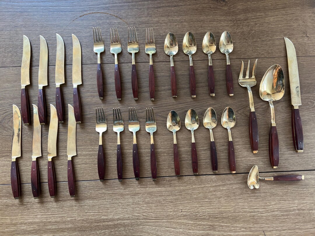 Vintage Mid Century Wood Brass 27 Piece Appetizer Silverware Serving ...