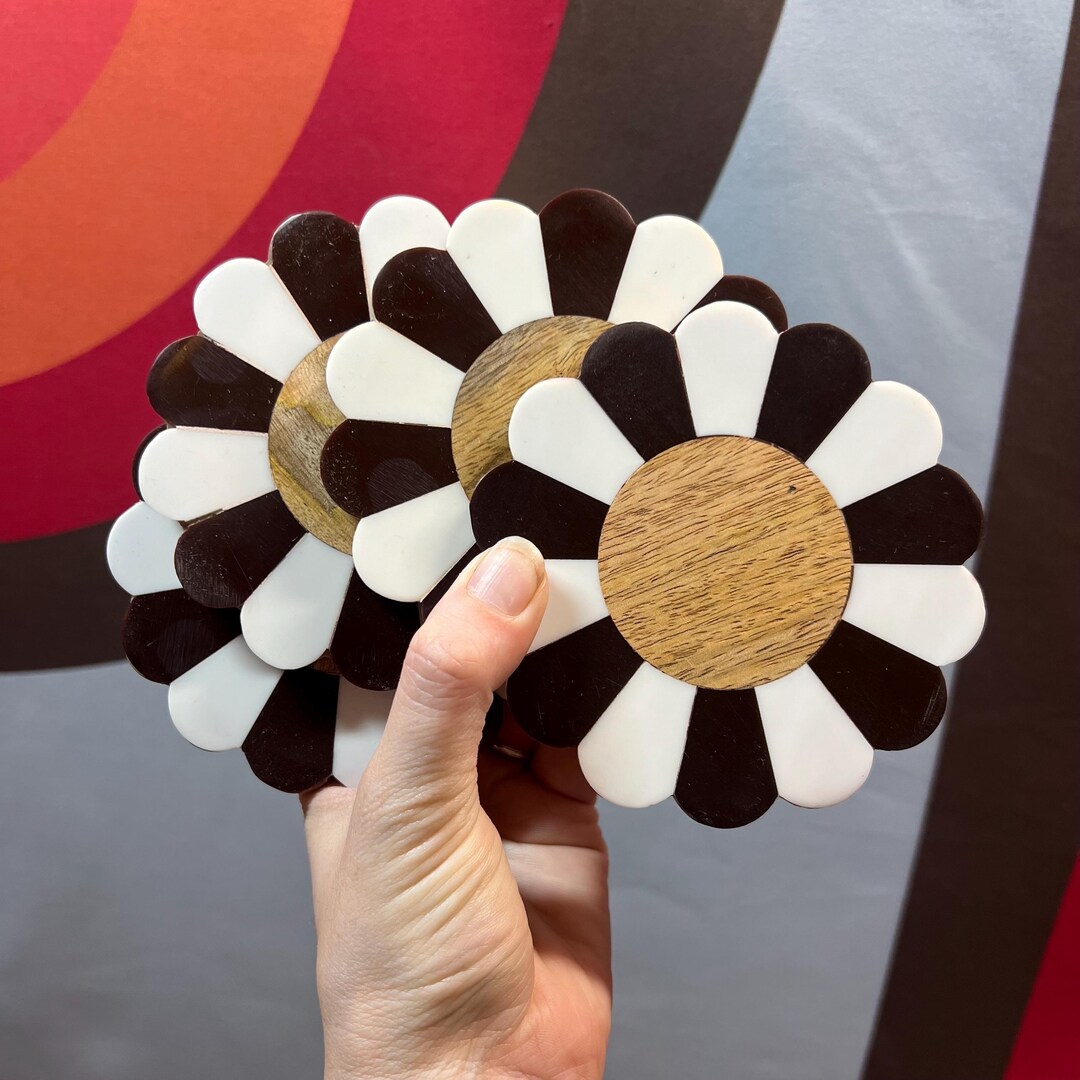 Retro 60s 70s Inspired Floral Wood Inlay Flower Coasters Set - Etsy