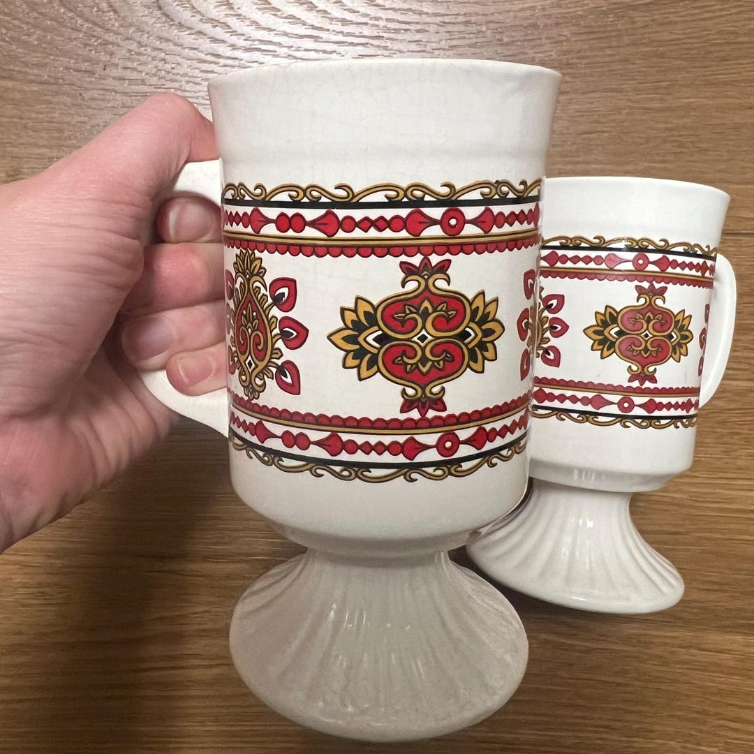 Vintage Mid Century 60s Boho Printed Pedestal Coffee Mugs Cups Set - Etsy