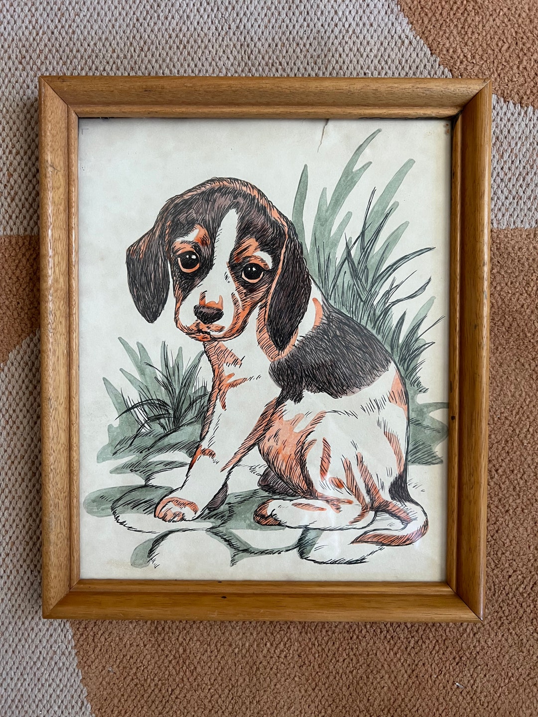 Vintage Mid Century Original Framed Pen Drawing Beagle Puppy Sad Eyes 9 ...
