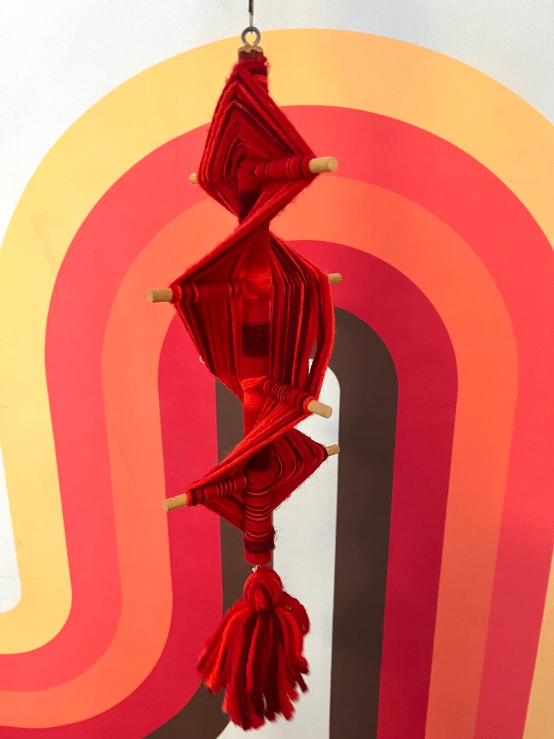 Vintage Mid Century 70s Macrame Red Spinner Kinetic Wind Art Sculpture ...