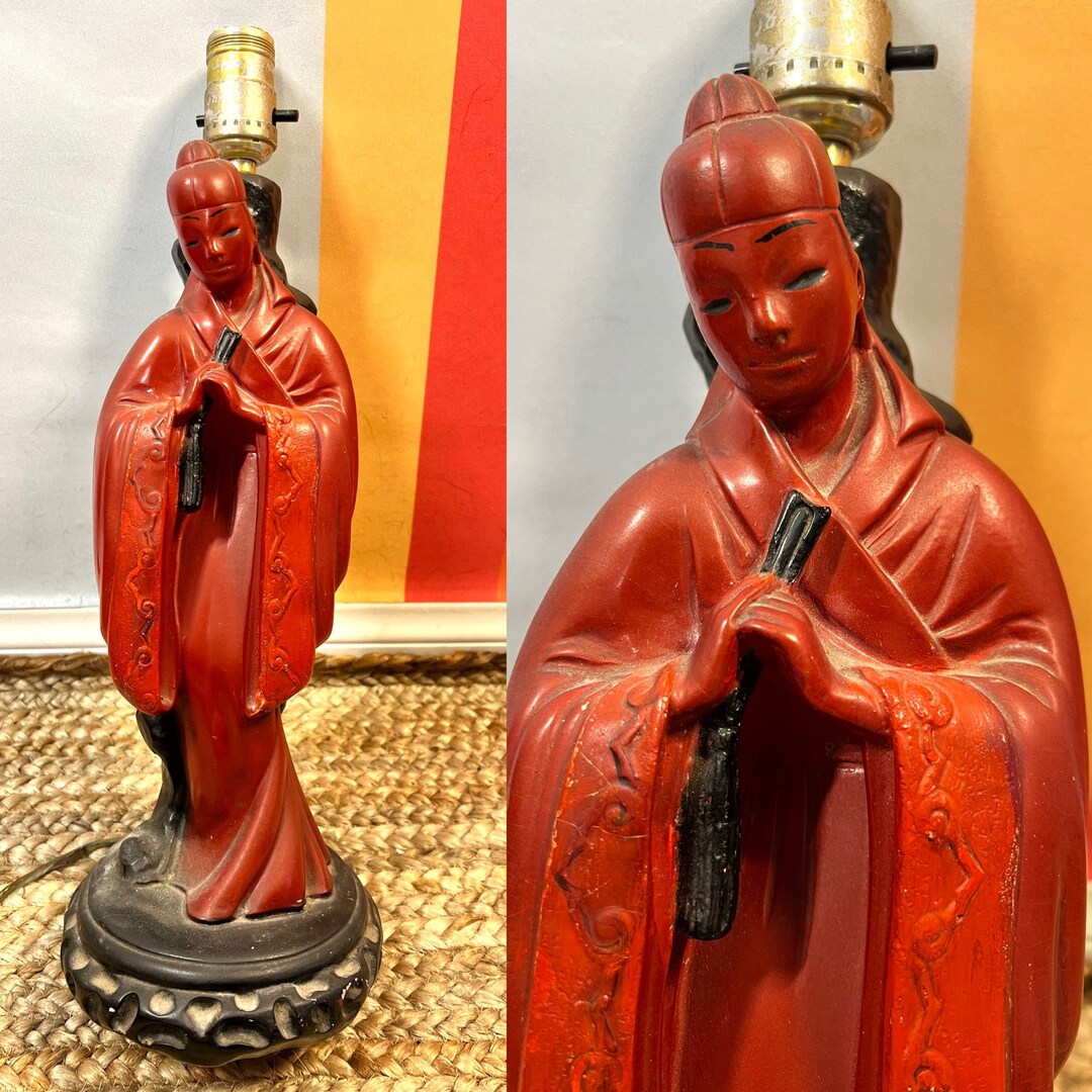 Vintage 40s 50s Red Chalkware Chinese Asian Figural Tiki Lamp - Etsy