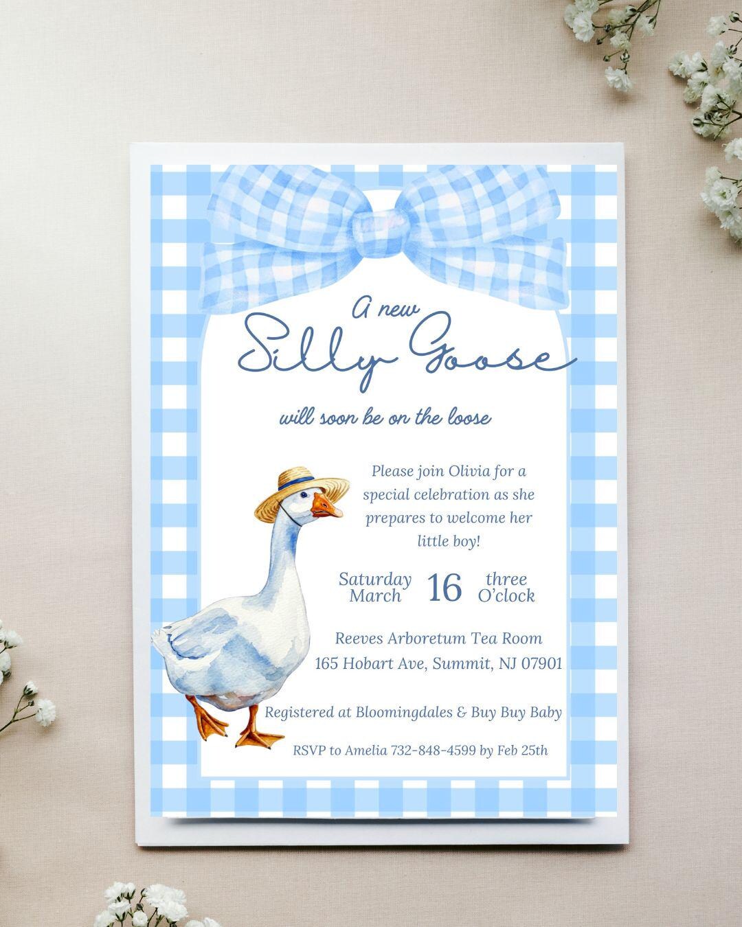 Silly Goose Baby Shower Invitation | Blue Gingham Goose Baby Shower ...