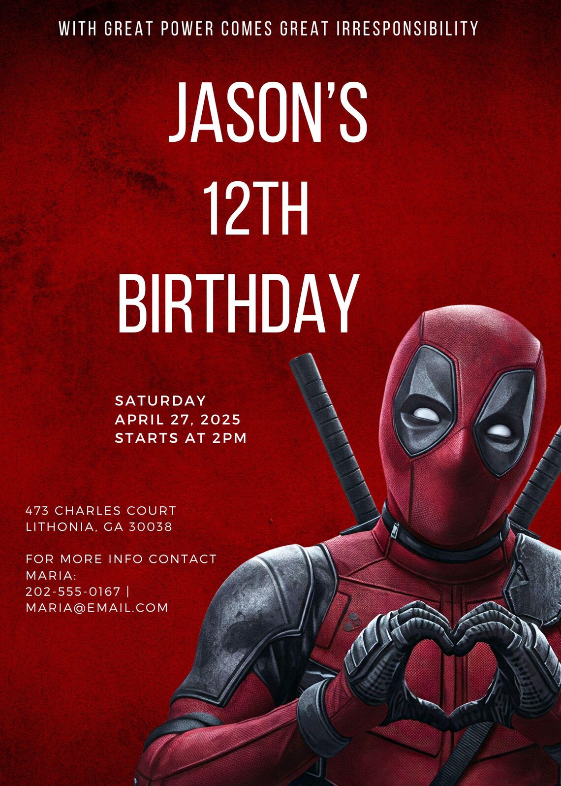 Deadpool Birthday Invitation, Deadpool Heart Hands Birthday Invitation ...