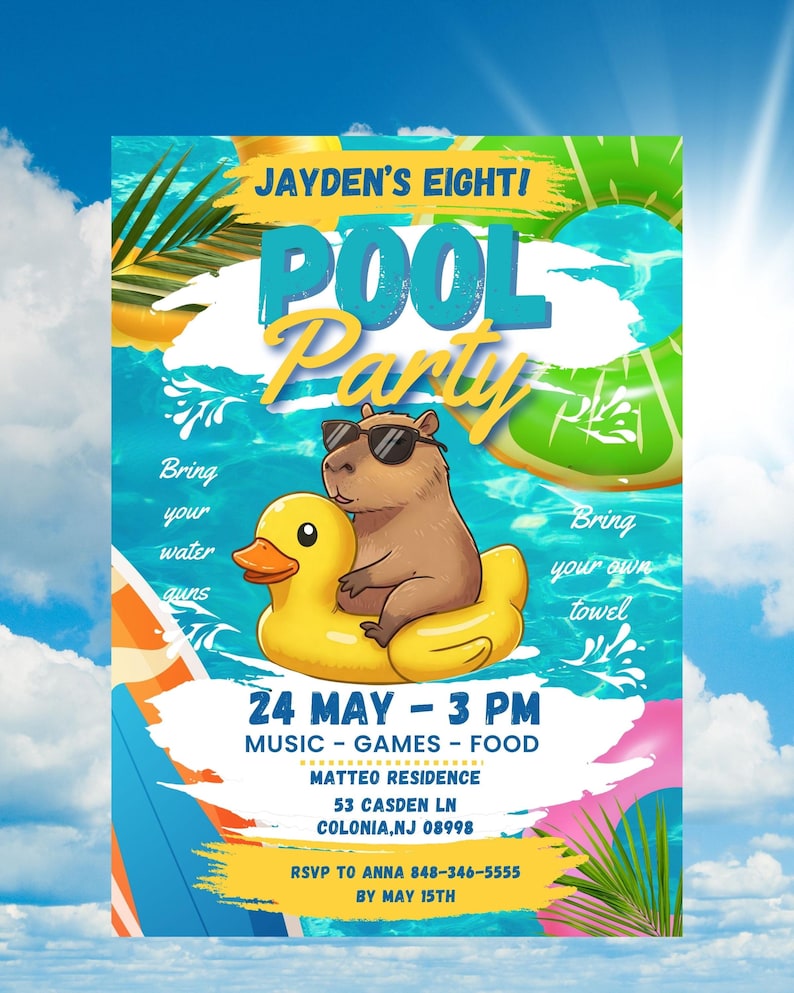 Capybara Pool Birthday Party Invitation | Cabybara Birthday Invitation ...