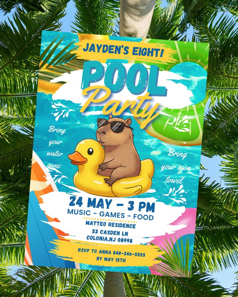 Capybara Pool Birthday Party Invitation | Cabybara Birthday Invitation ...
