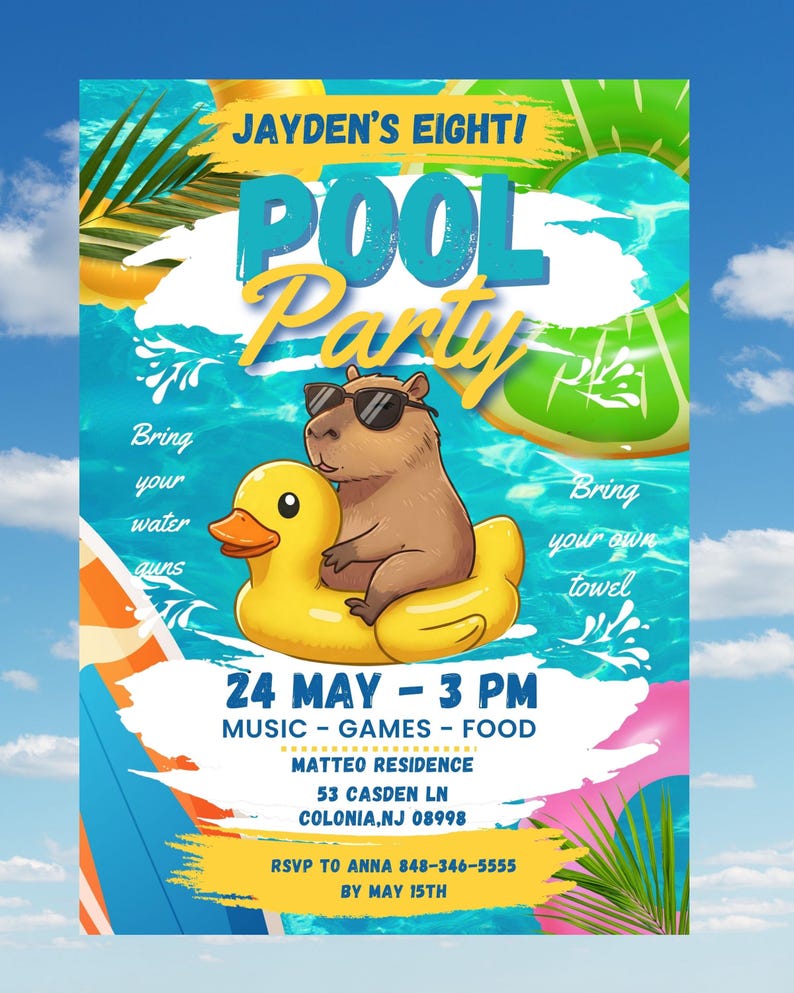 Capybara Pool Birthday Party Invitation | Cabybara Birthday Invitation ...