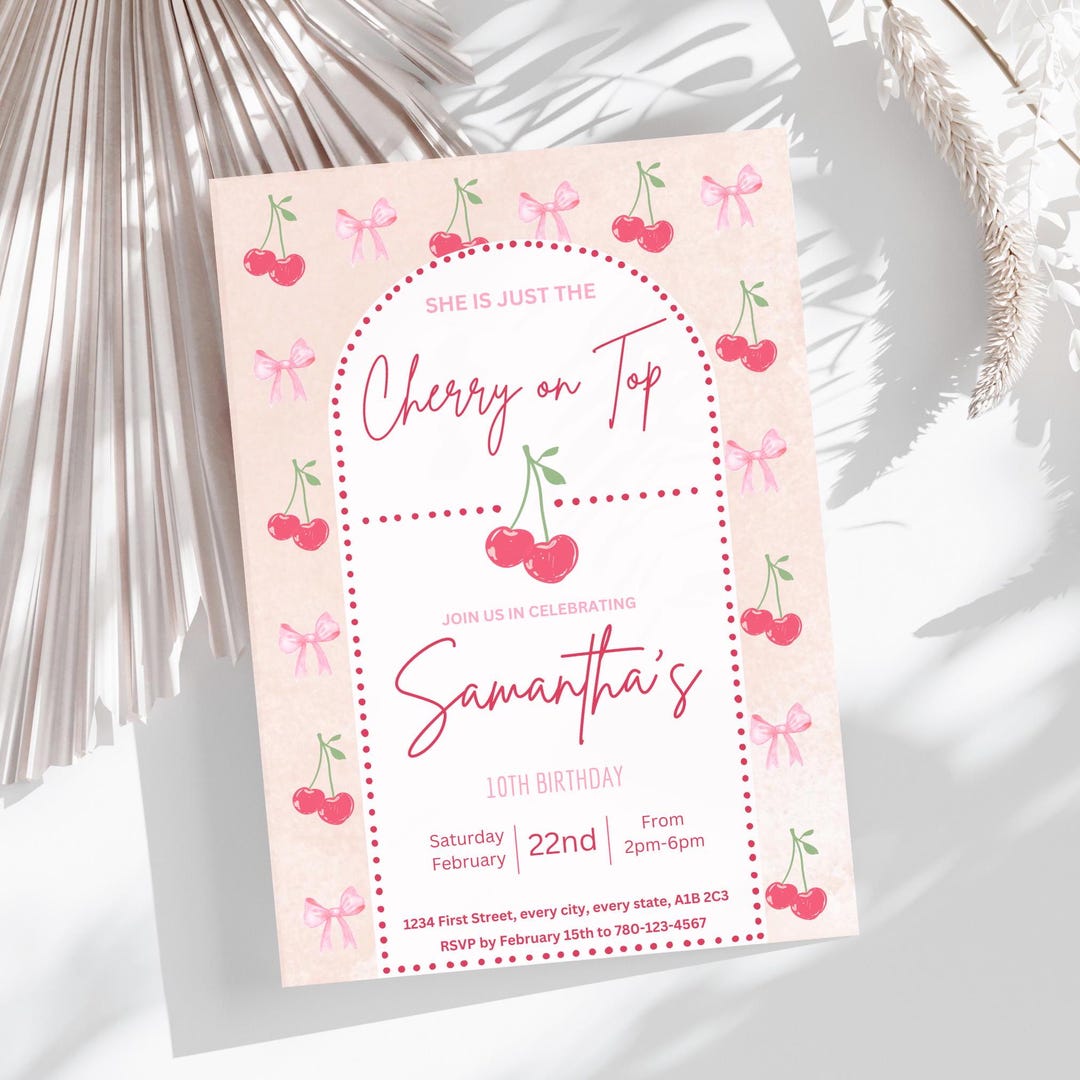 Editable Cherry Birthday Party Invitation, She's the Cherry on Top ...