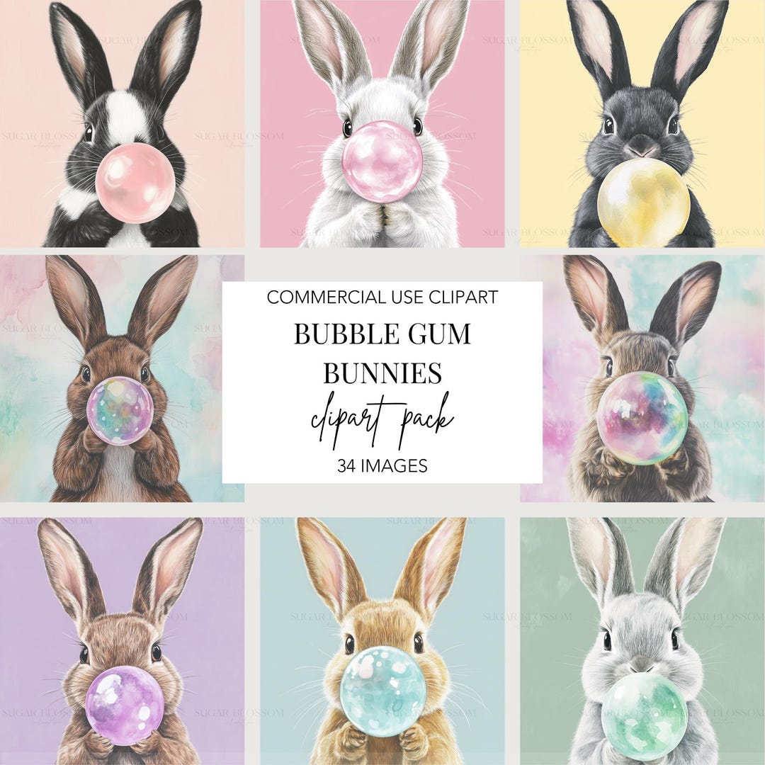 Bubble Gum Bunnies Clipart Set – Cute Bunnies Blowing Bubblegum Bubbles ...