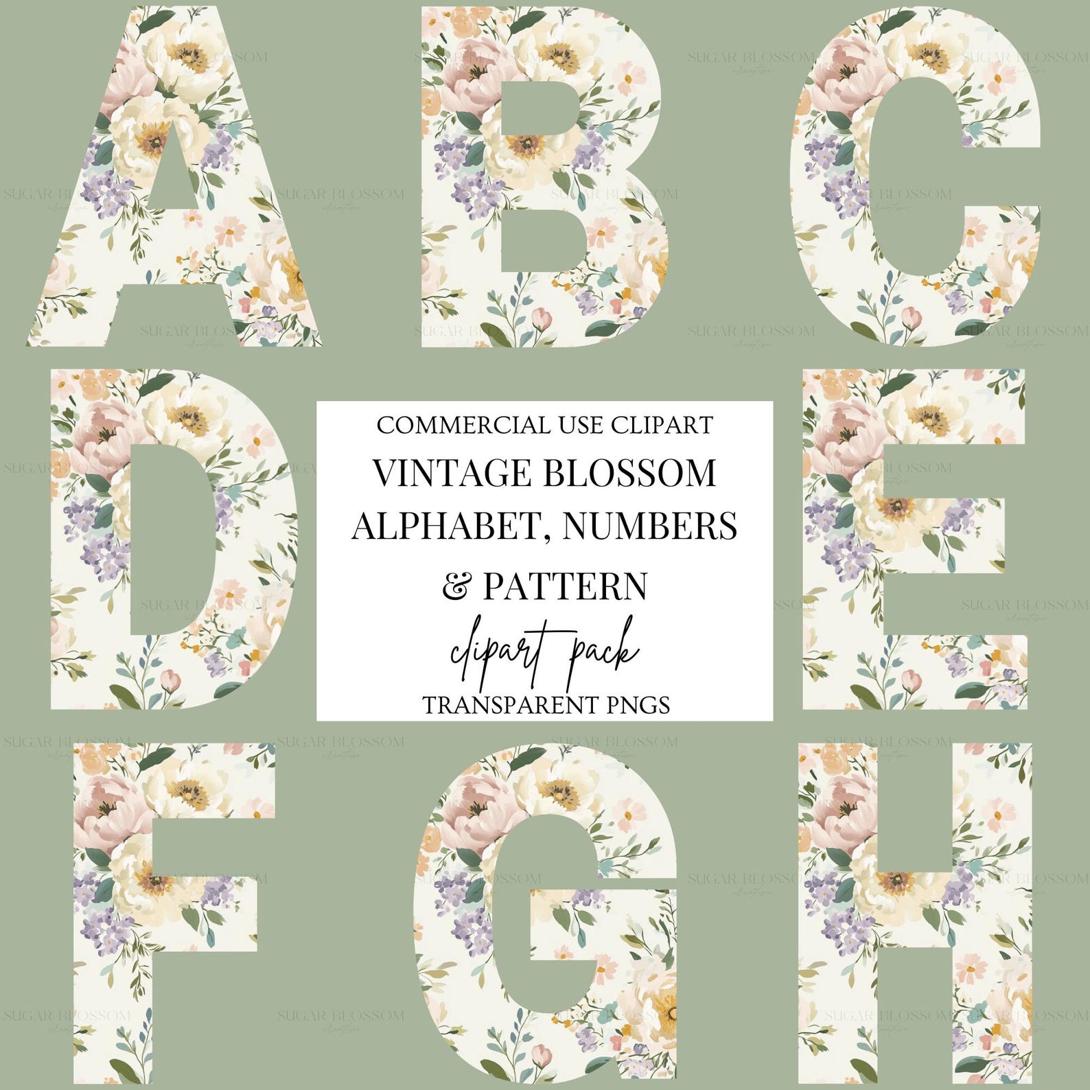 Vintage Blooms Floral Alphabet, Numbers & Seamless Pattern - 39 Pngs ...