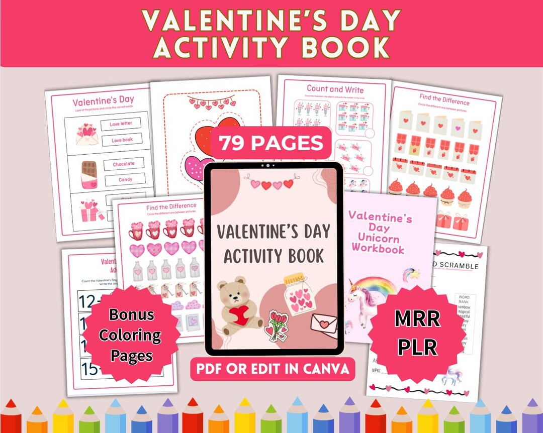 Valentine's Day Activity Book for Kids PLR MRR, Editable Canva Template ...