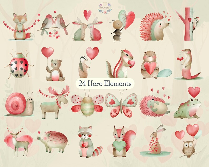 Valentine Woodland Animals Clipart Cute Heart Creatures Fox Owl Bear ...