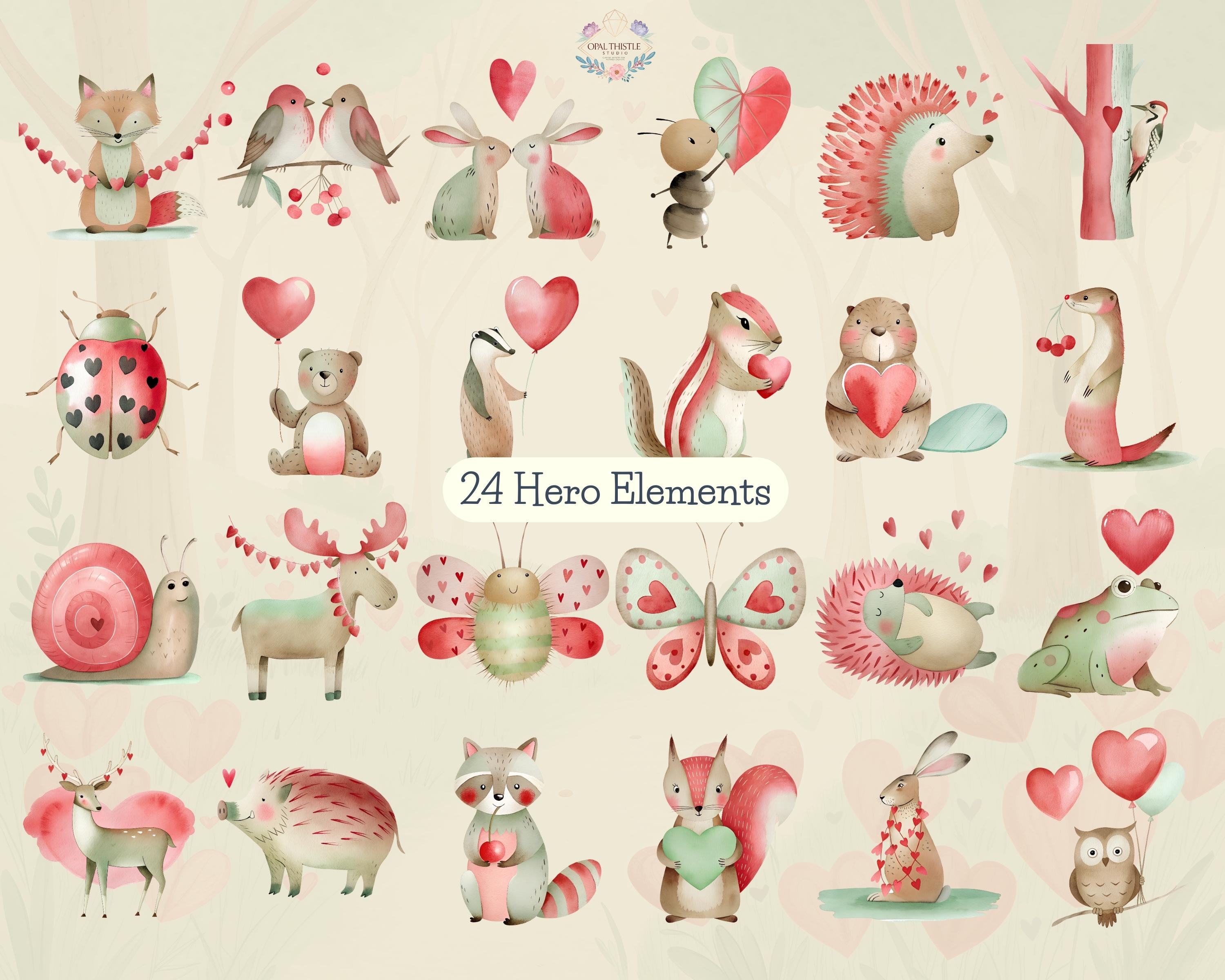 Valentine Woodland Animals Clipart Cute Heart Creatures Fox Owl Bear ...