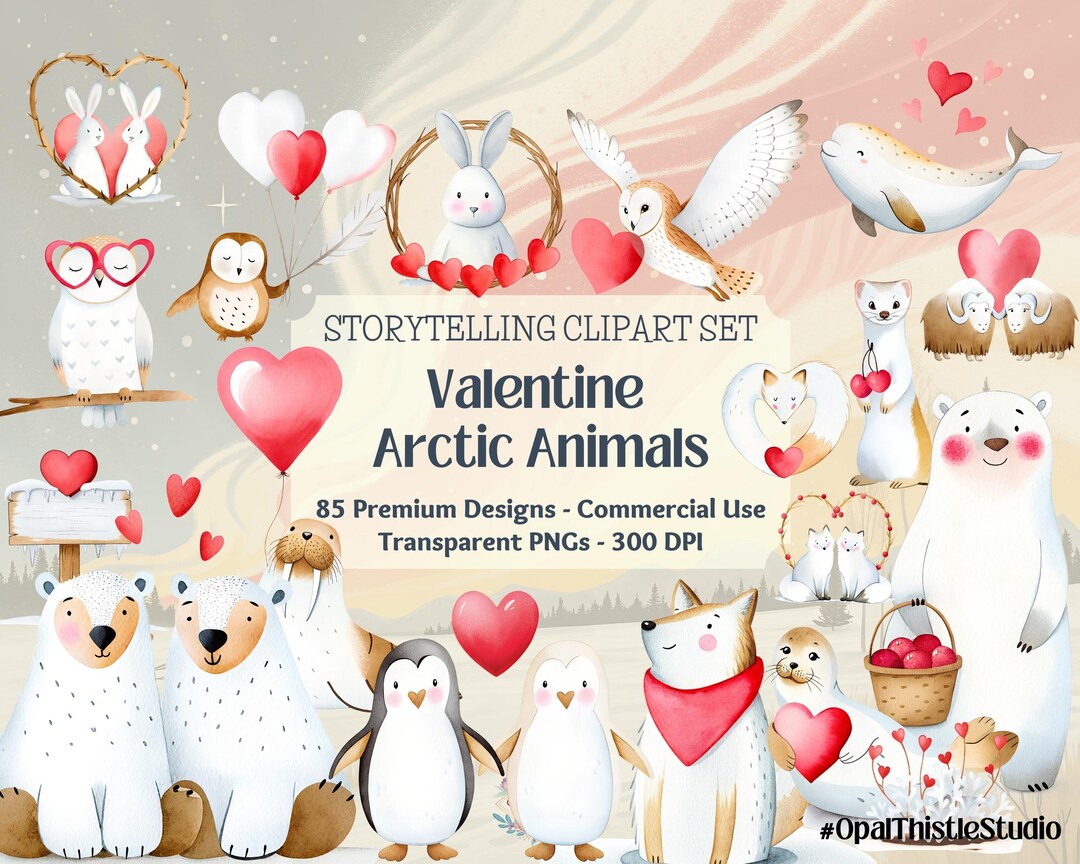 Arctic Valentine Animals PNG Watercolor Clipart Polar Bears Foxes ...