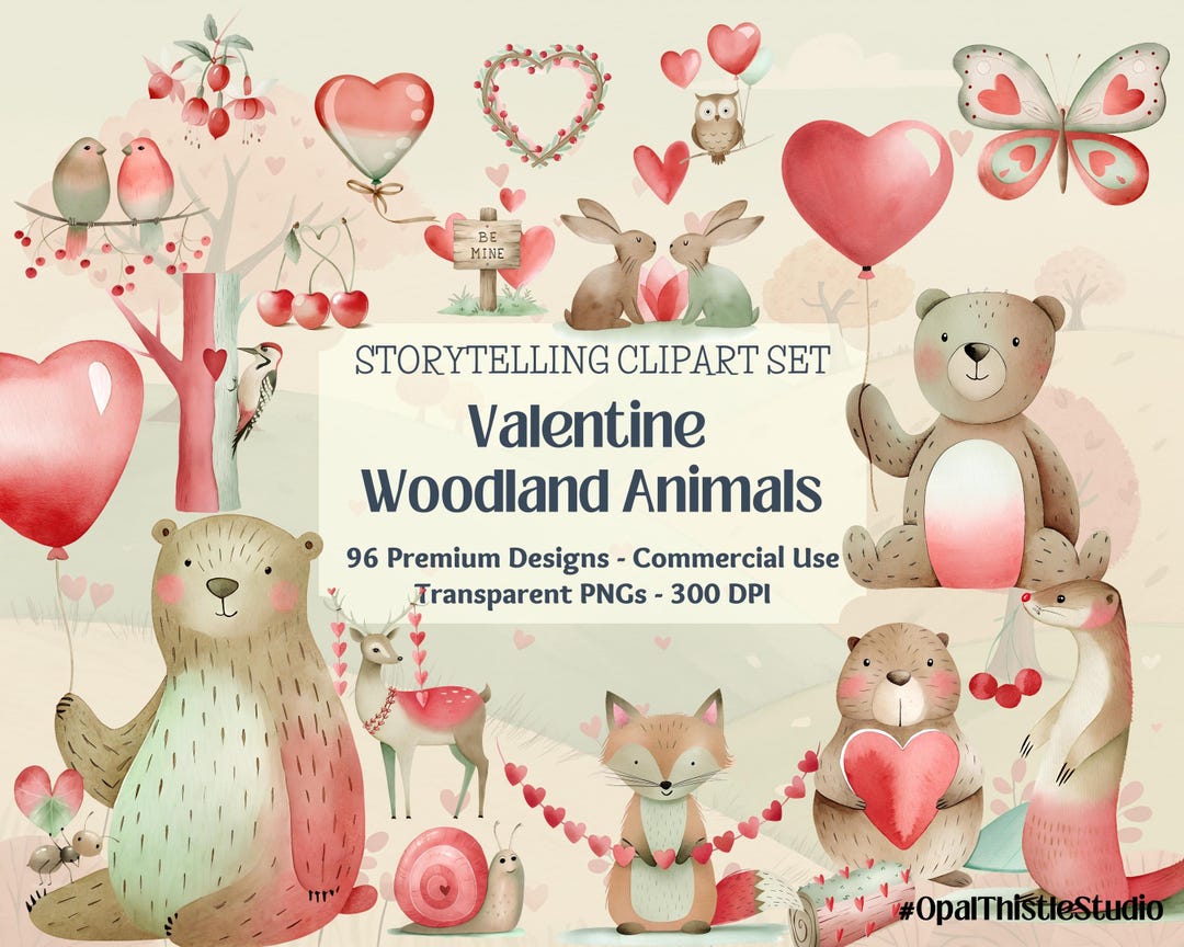 Valentine Woodland Animals Clipart Cute Heart Creatures Fox Owl Bear ...