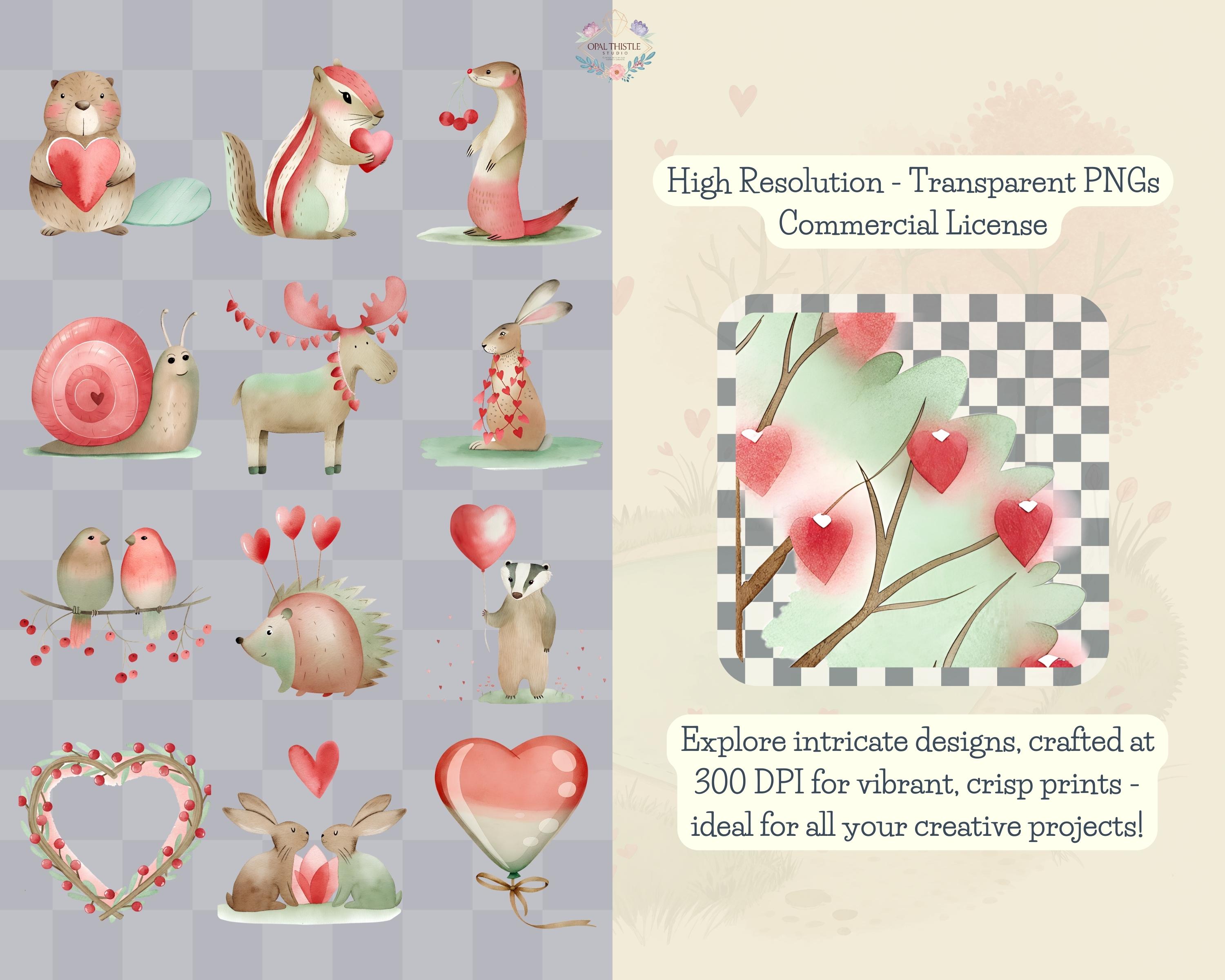 Valentine Woodland Animals Clipart Cute Heart Creatures Fox Owl Bear ...