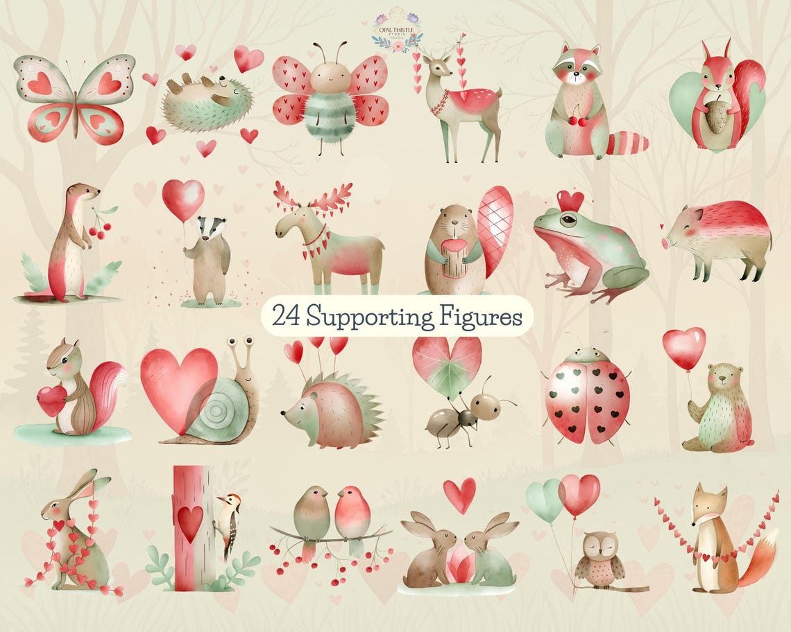 Valentine Woodland Animals Clipart Cute Heart Creatures Fox Owl Bear ...