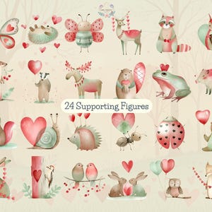 Valentine Woodland Animals Clipart Cute Heart Creatures Fox Owl Bear ...