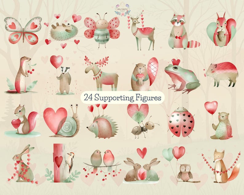 Valentine Woodland Animals Clipart Cute Heart Creatures Fox Owl Bear ...