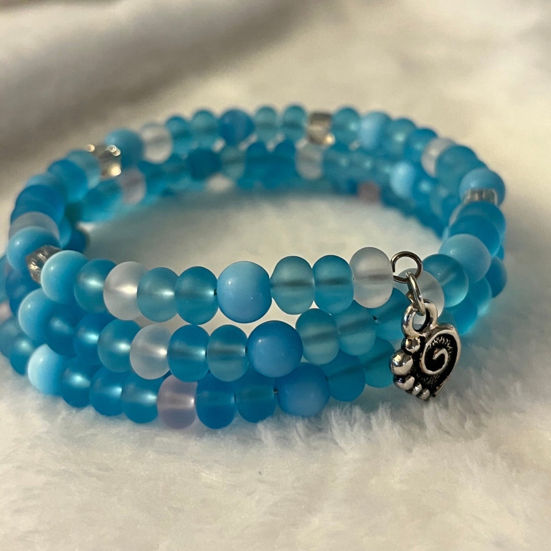 Sky Blue Beaded Memory Wire Bracelet: Silver Heart Charm, Stretchy Cuff ...