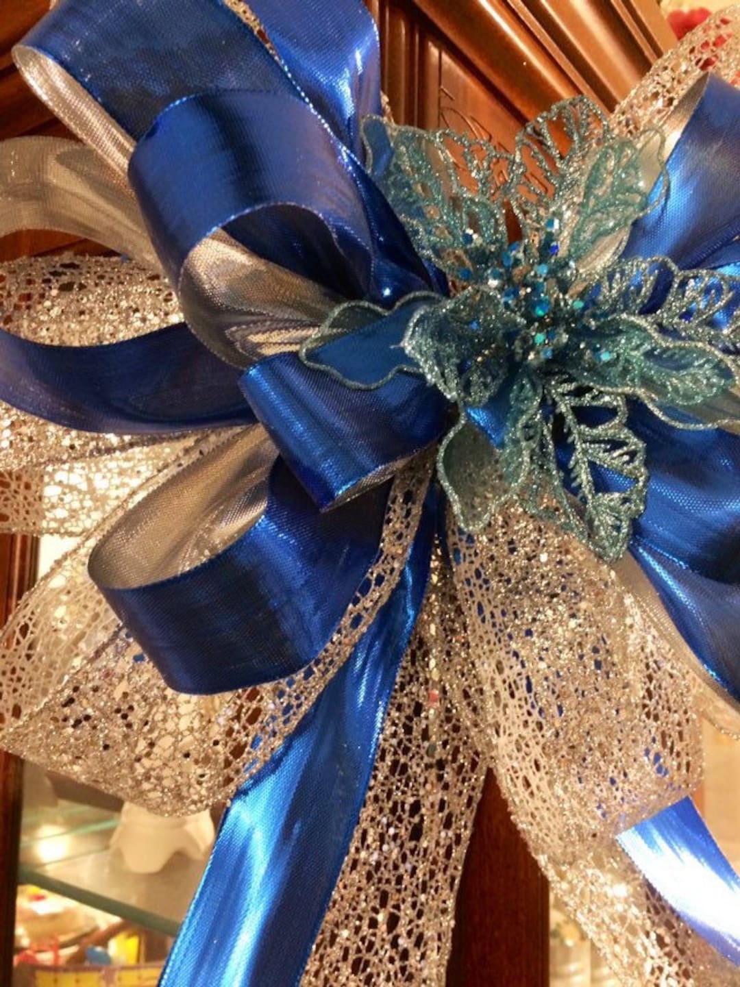 Royal Blue Tree Topper Bow With Teal Poinsettia / Silver Glitter / With ...
