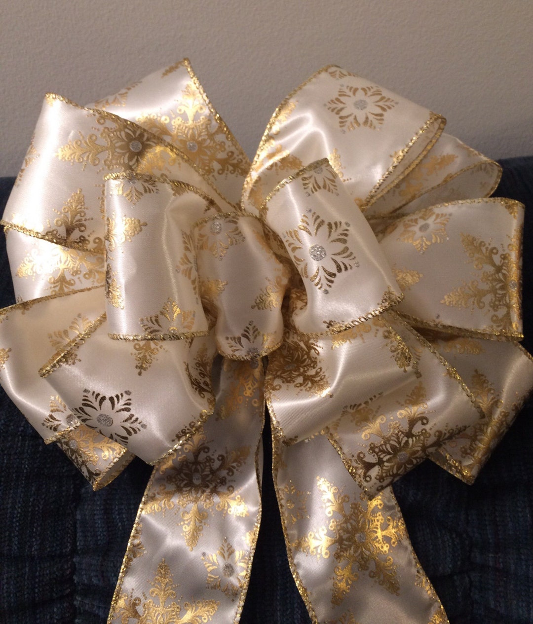 Large Tree Topper Bow With Snowflakes Cream and Gold Bow for Wreath ...