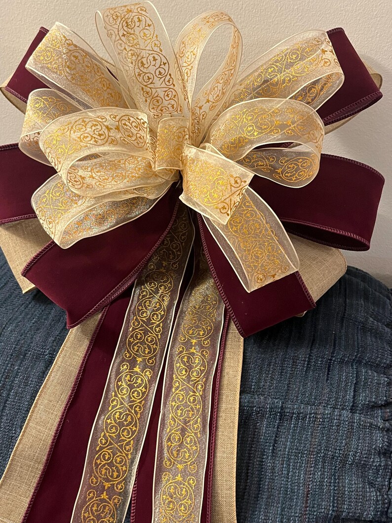 Christmas Tree Topper Bow With Streamers: Cream, Gold, Purple and ...