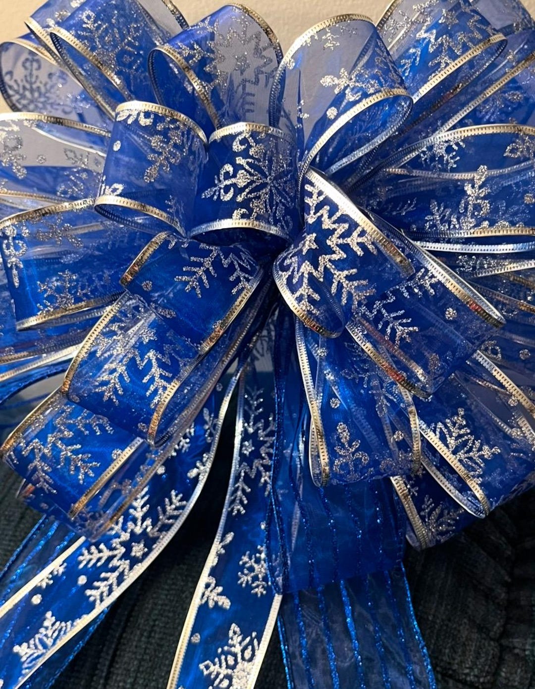 Royal Blue & Silver Tree Topper Bow With Streamers / Large Sheer Blue ...