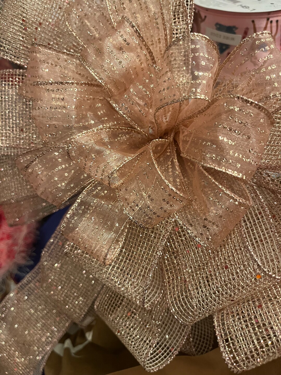 Pink & Gold Tree Topper Bow With Long Streamers / Dusty Rose Wreath Bow ...