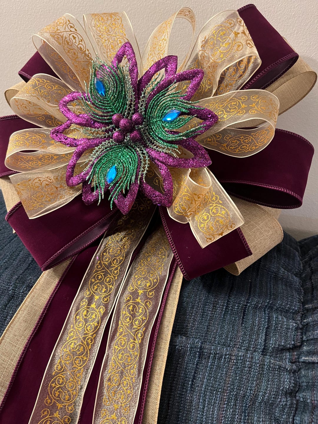 Christmas Tree Topper Bow With Streamers: Cream, Gold, Purple and ...