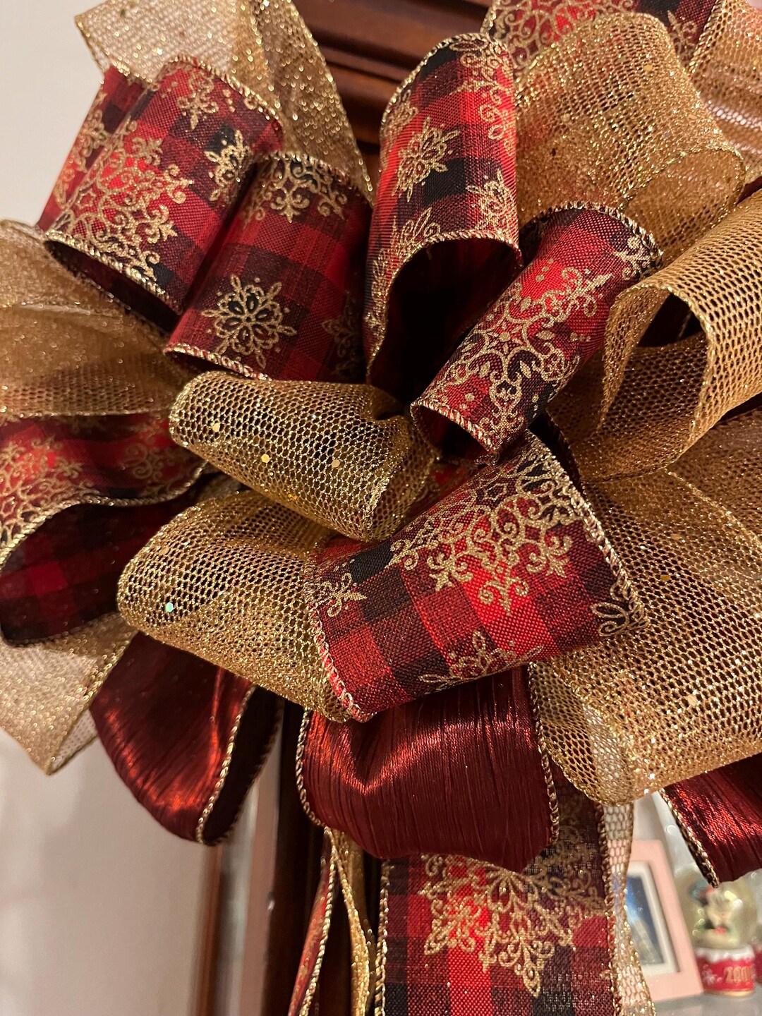 Burgundy Tree Topper Bow With Streamers: Red and Gold, Snowflake - Etsy