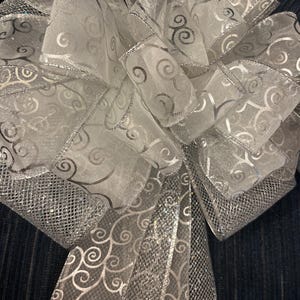 Silver Tree Topper Bow / Sheer Silver Swirls Bow With Long Streamers ...