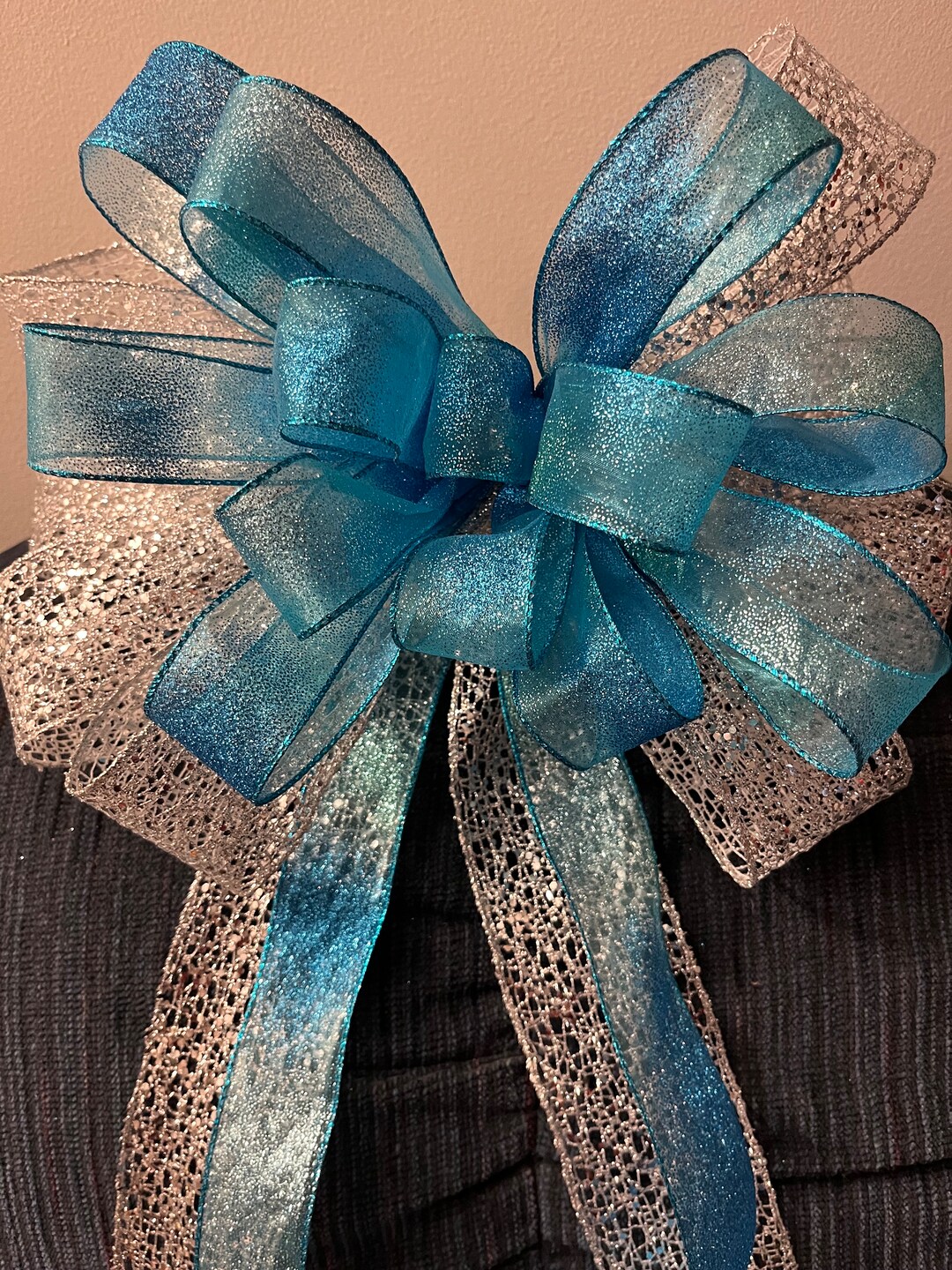 Teal Blue & Silver Tree Topper Bow / With White Reindeer / Large ...