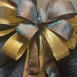Shimmering Teal & Gold Tree Topper Bow With Streamers / Giant Antique ...