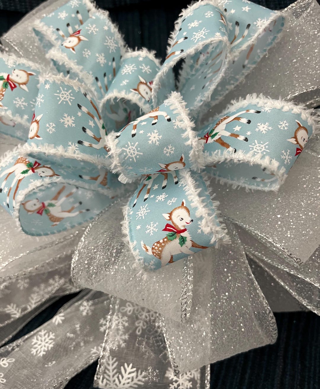 Large Light Blue & White Tree Topper Bow / Baby Reindeer and Snowflakes ...