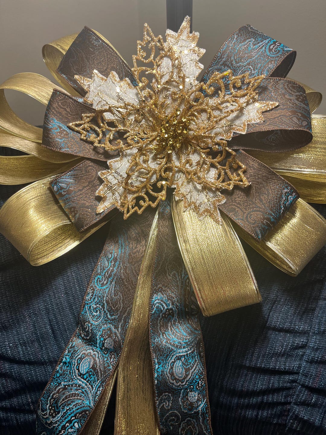 Shimmering Teal & Gold Tree Topper Bow With Streamers / Giant Antique ...