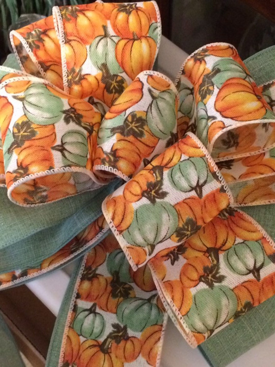 Fall Bow for Wreath Tree Topper Bow Teal Green Cream Orange - Etsy