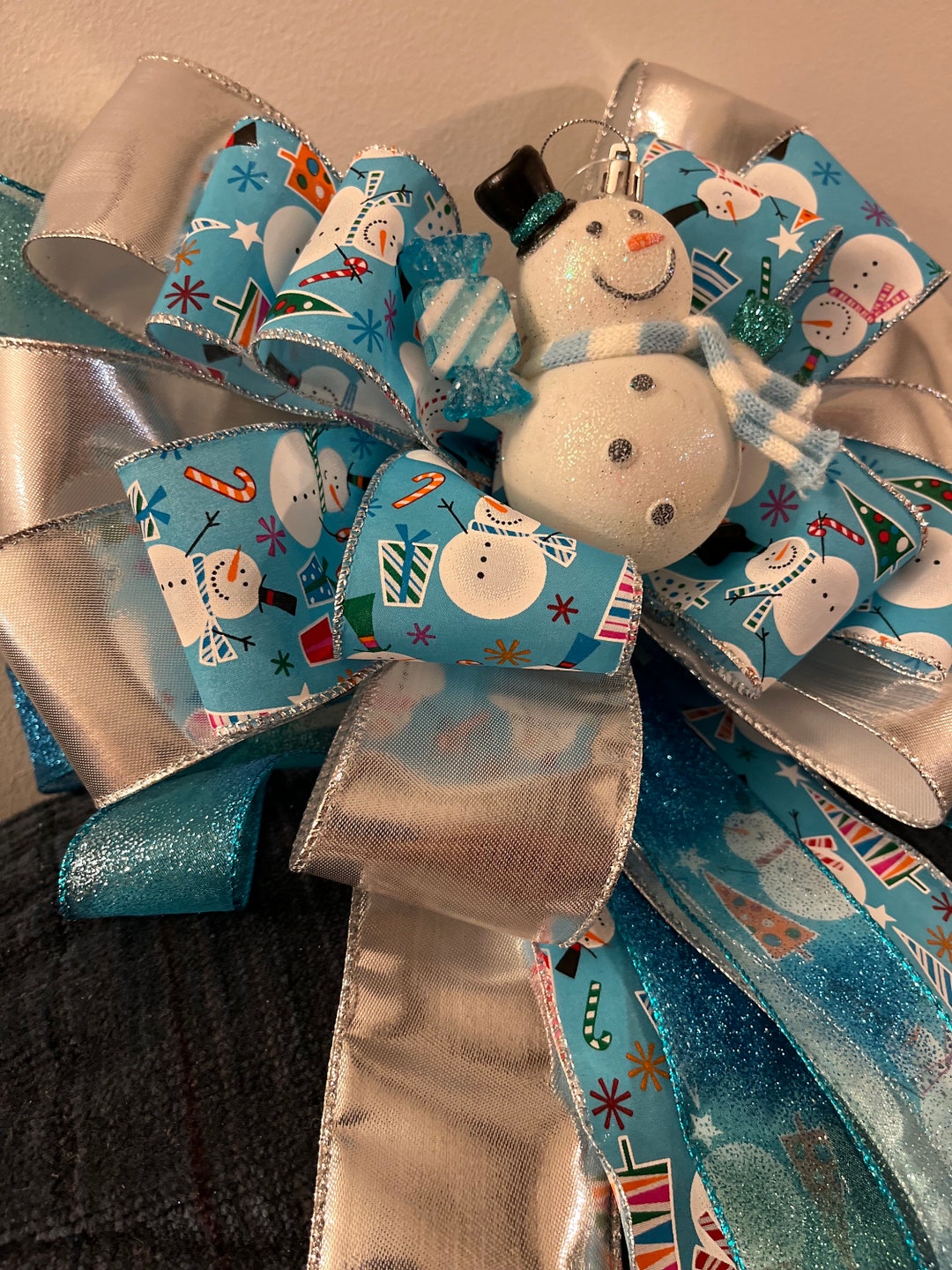 Christmas Tree Topper Bow With Streamers: Silver and Blue, Snowman - Etsy