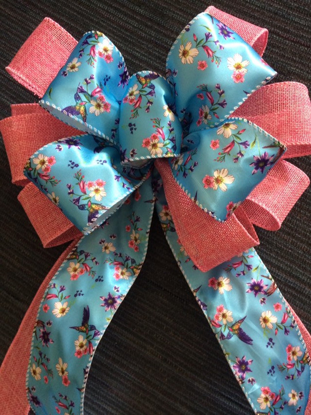 Pink & Blue Bow /tree Topper Bow / Flowers Birds / Bow for Wreath ...