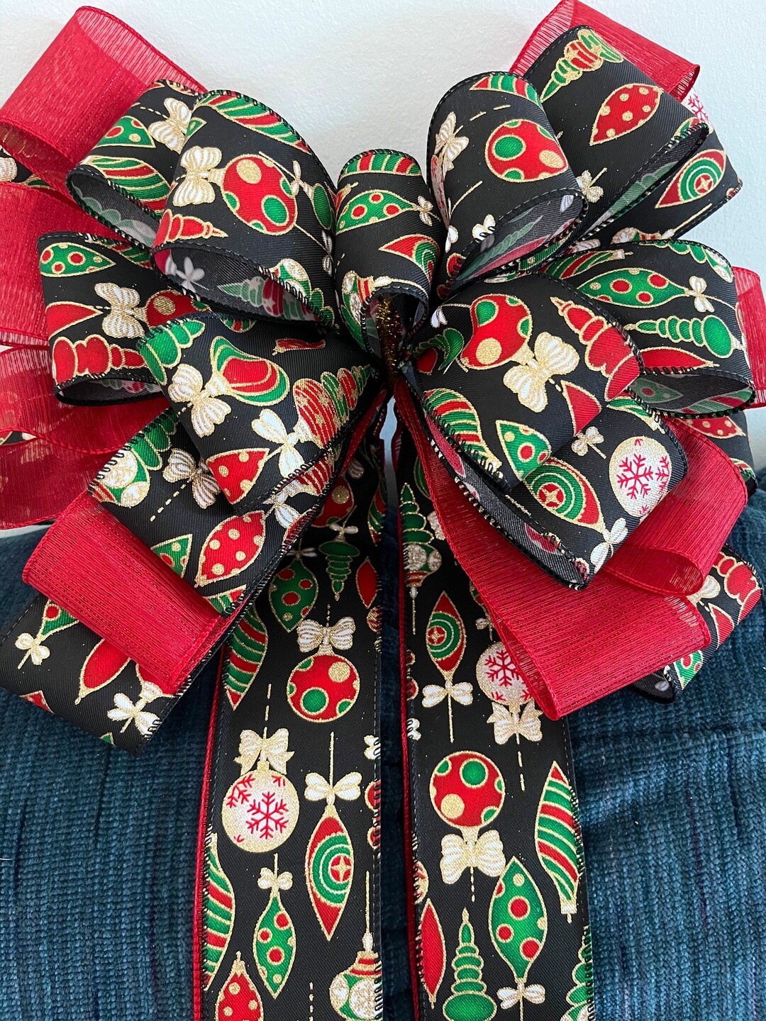 Large Tree Topper Bow Red Black Cream Green Ornaments With - Etsy