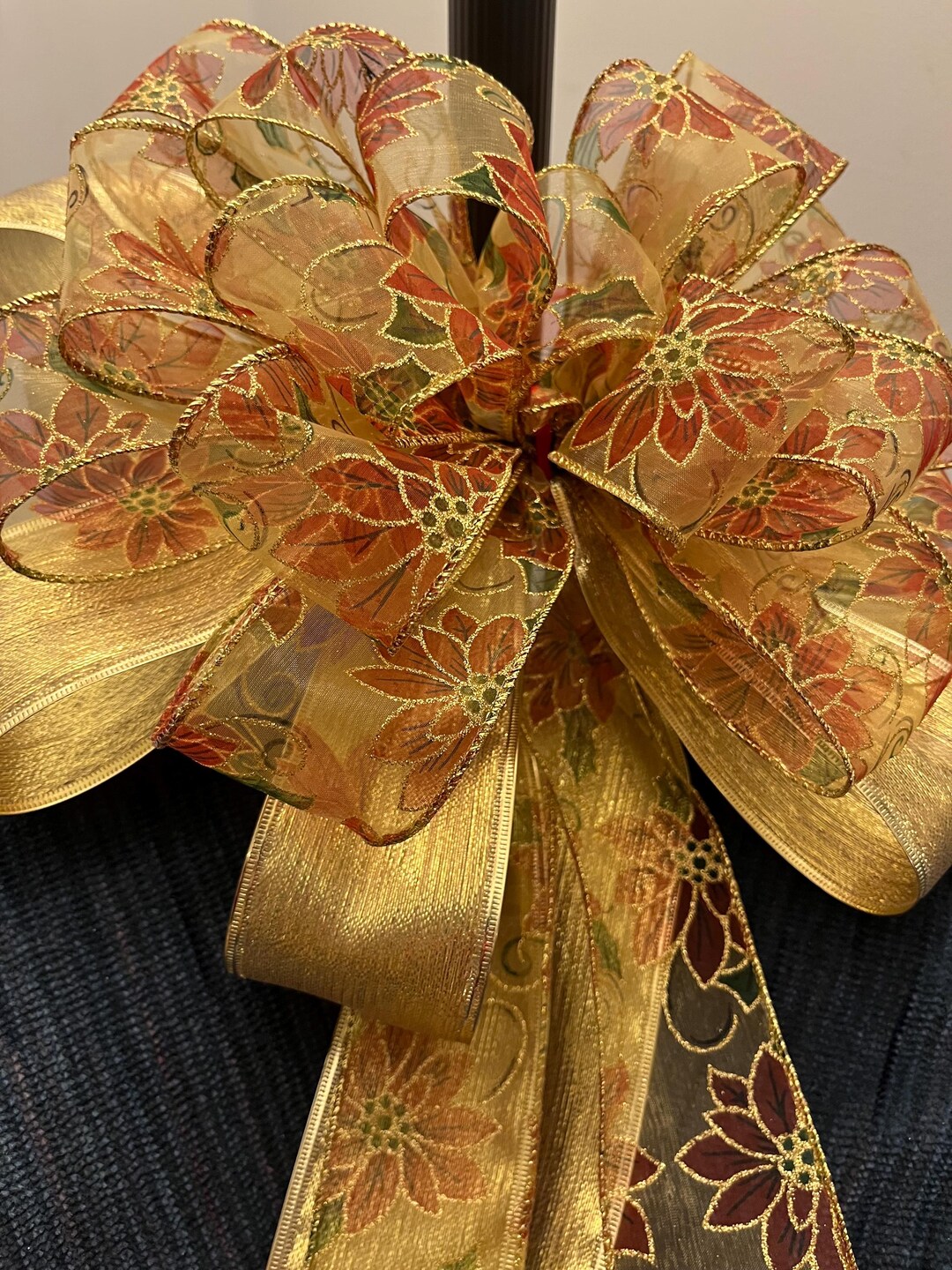 Sheer Red & Gold Tree Topper Bow With Streamers / Giant Antique Gold ...
