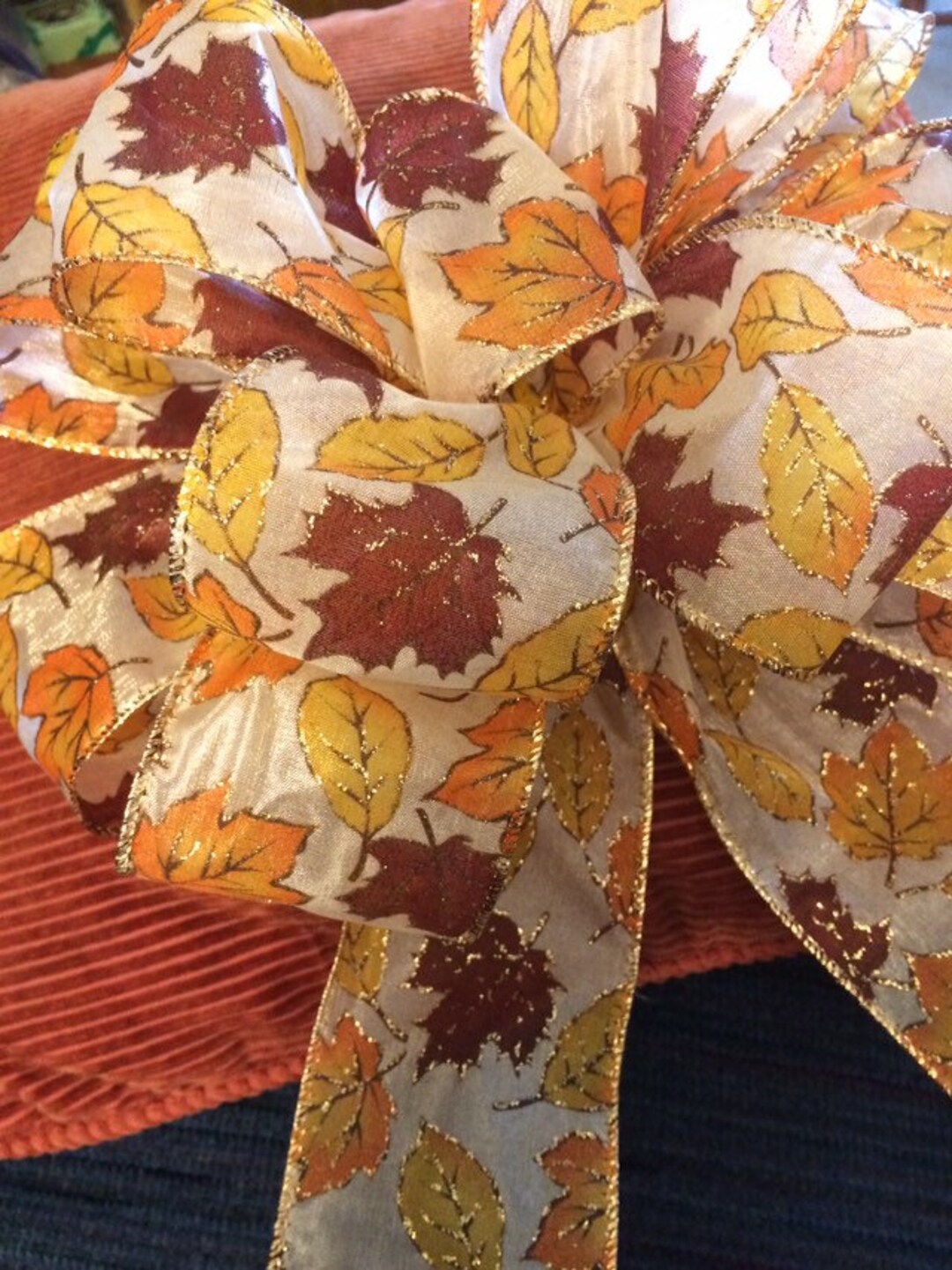 Fall Bow Tree Topper Maple Autumn Leaves Orange Yellow Brown Cream Gold ...