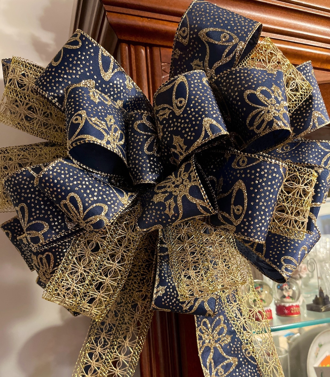 Navy Blue Tree Topper Bow With Gold Jingle Bells-giant Bow With Long ...