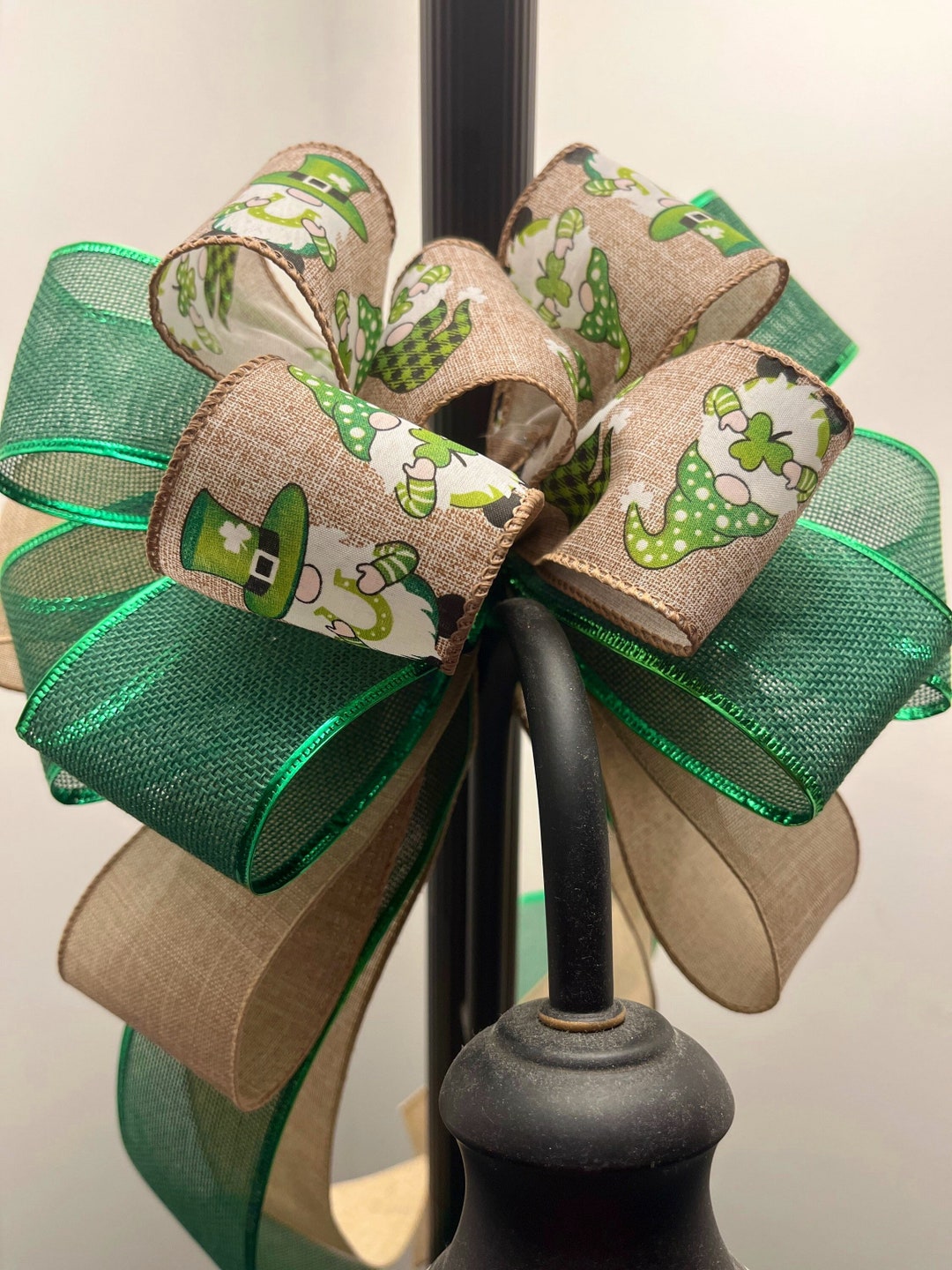 Irish Gnome Tree Topper Bow Green Beige Leprechaun Shamrock White and ...