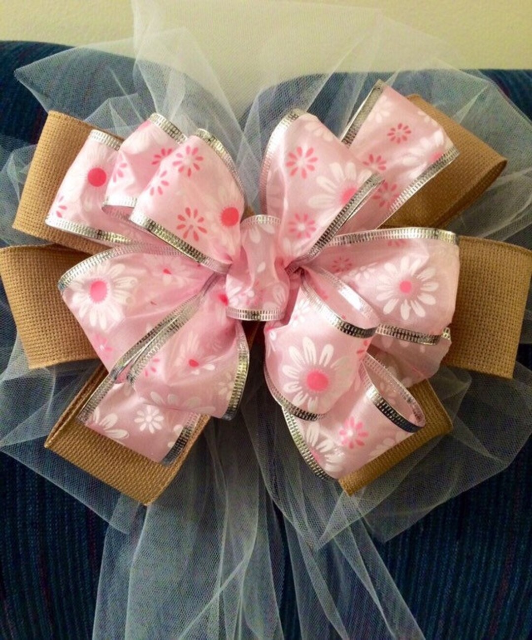 Light Pink Big Bow / Tree Topper Bow / Pink Daisies / Bow for Wreath ...