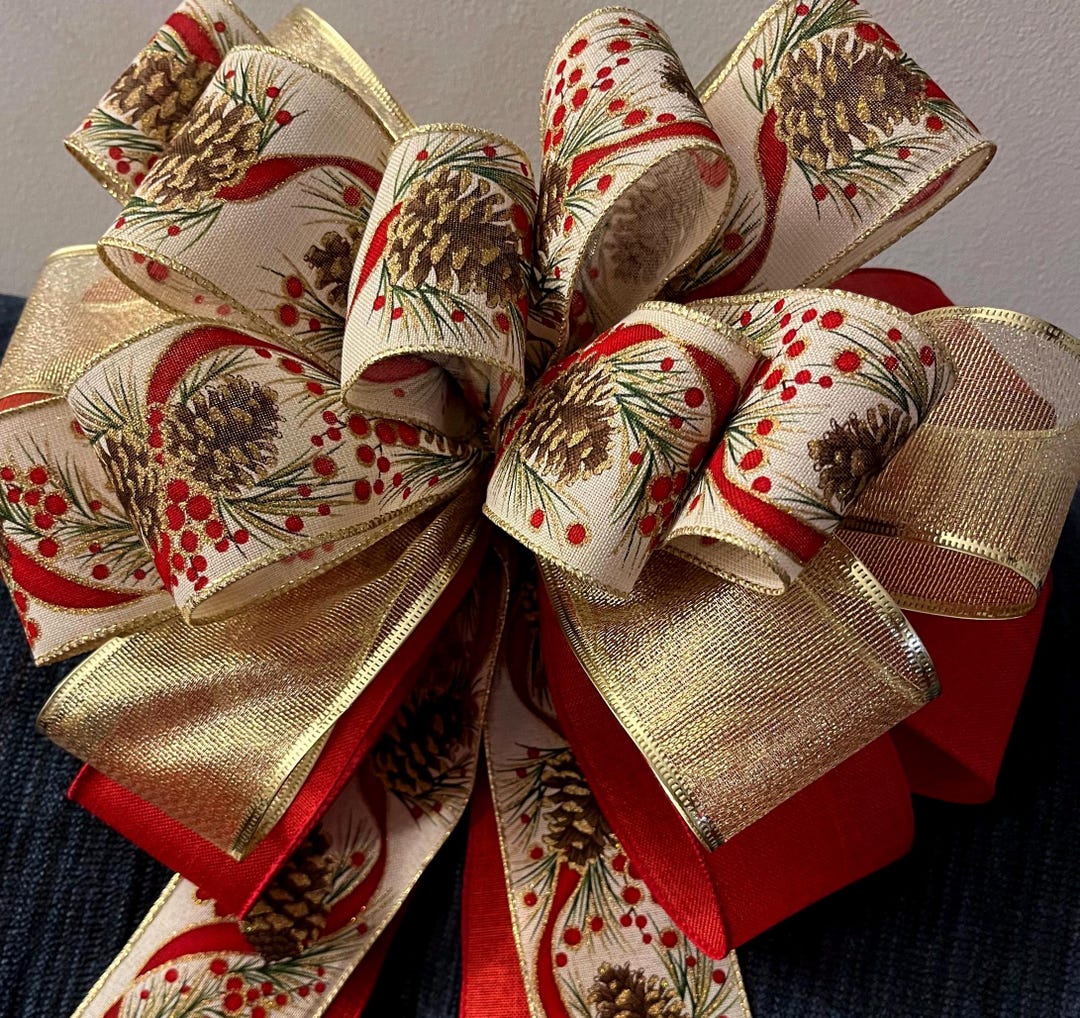 Large Tree Topper Bow Cream With Long Streamers Pine Cones Green and ...