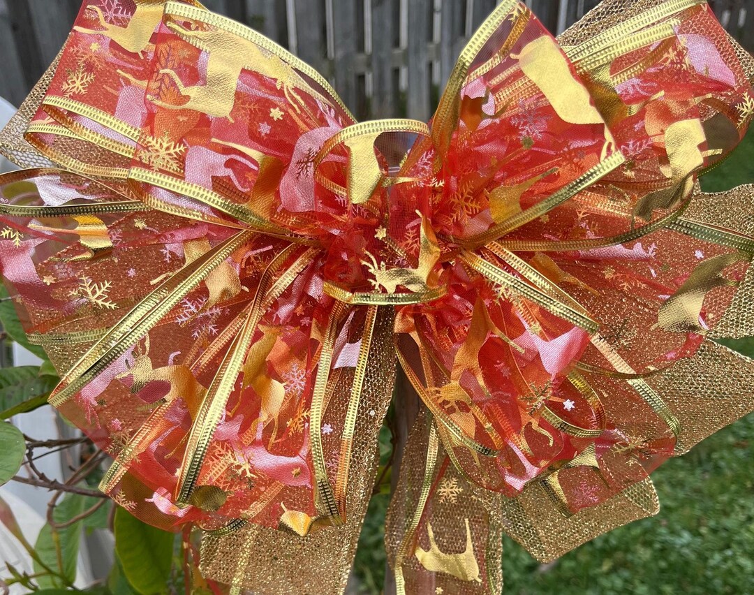 Sheer Red & Gold Bow / Giant Tree Topper Bow With Streamers / Bow for ...