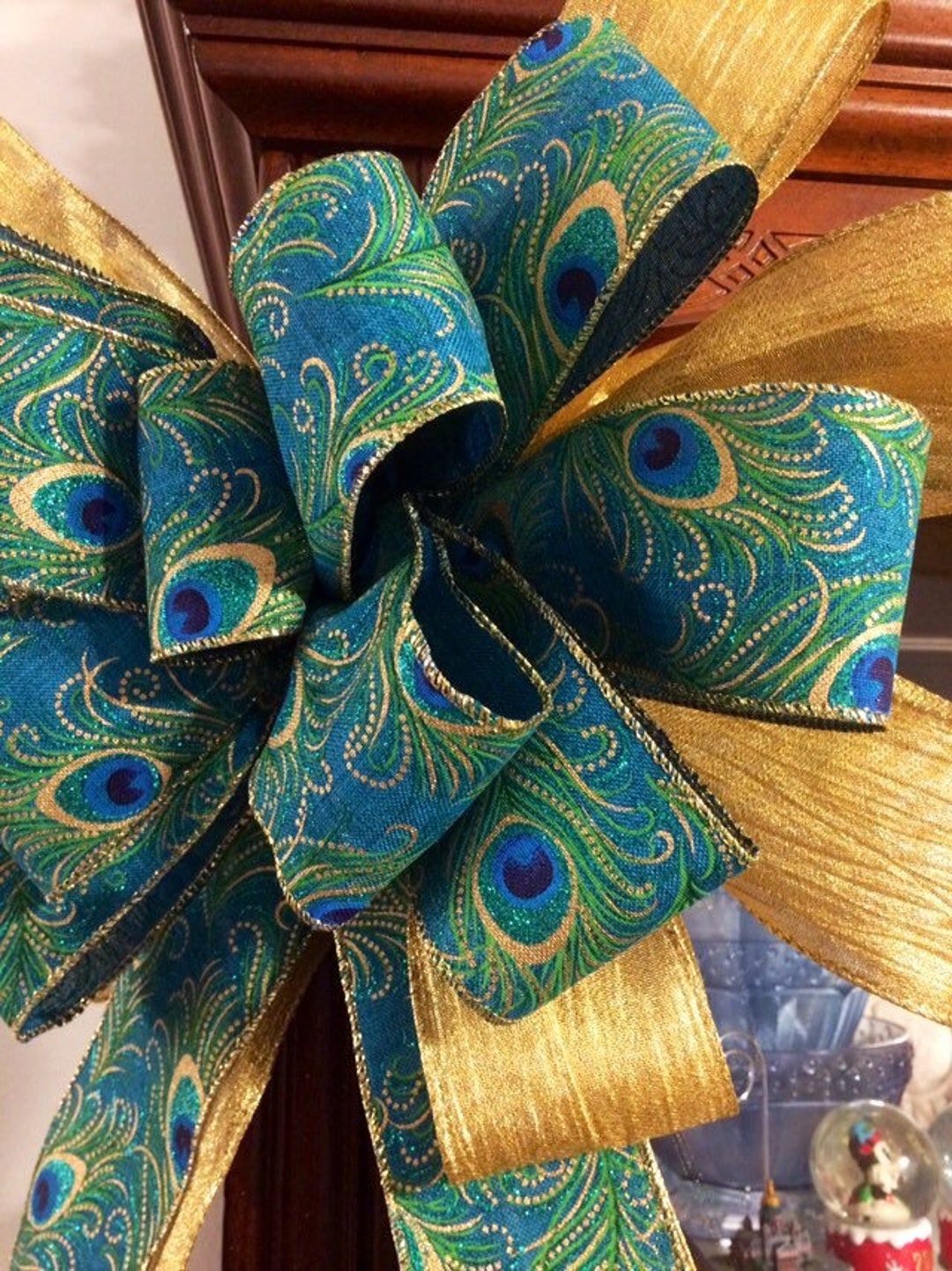 Christmas Tree Topper Bow With Streamers: Peacock and Gold - Etsy