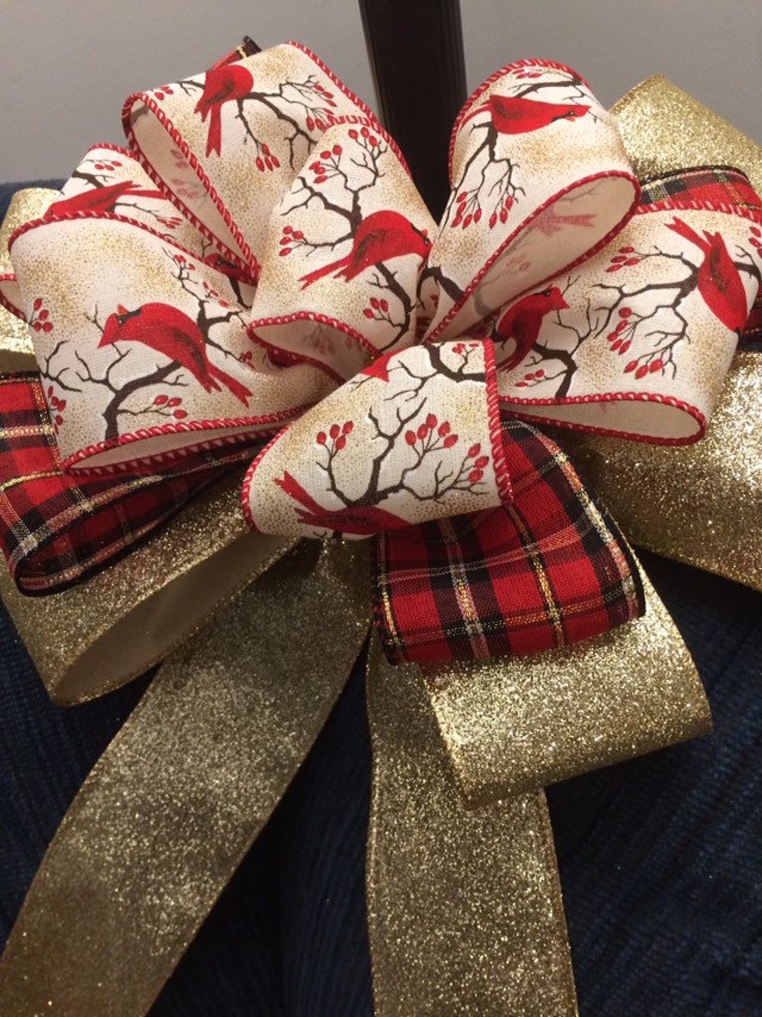 Red Cardinal Bird Tree Topper Bow /cardinal Birds/gold and Cream /bow ...